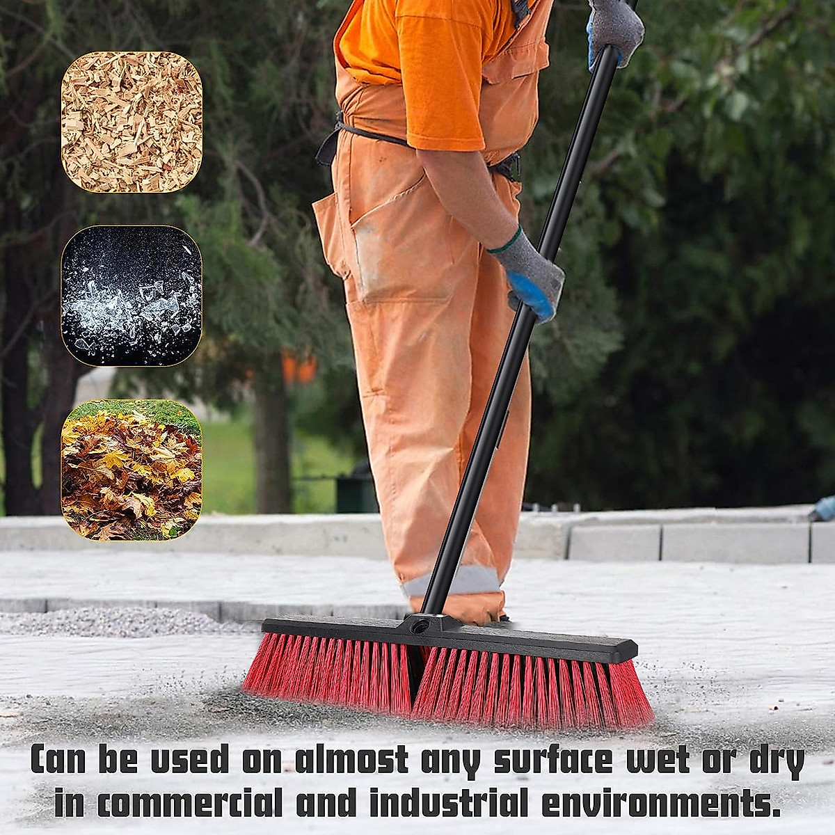 18" Push Broom Outdoor Heavy Duty, Snow Broom with Long Handle, Shop Broom Garage Push Broom for Garden, Patio, Garage, Bathroom, Kitchen, Tub, Carpet, Tile, Deck, Concrete, Industrial (RED)