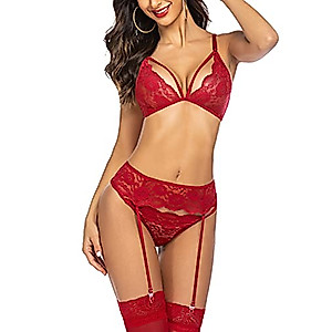 Avidlove Sexy Lingerie for Women Lingerie Set with Garter Belts Lace Teddy Babydoll Bodysuit Nightwear Outfit (XX-Large, Dark Red)