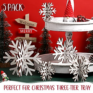 Tuanse Winter Wooden Snowflake Decorations 3D Snowflake Tabletop Decor Farmhouse Standing Table Sign Snowflake Centerpiece for Winter Party Porch Wall Fireplace Tray, White(5 Pieces)