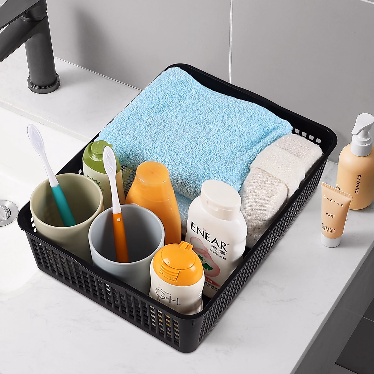 Julyeen 6 Pack Shallow Plastic Storage Baskets, Classroom Paper Baskets, Black