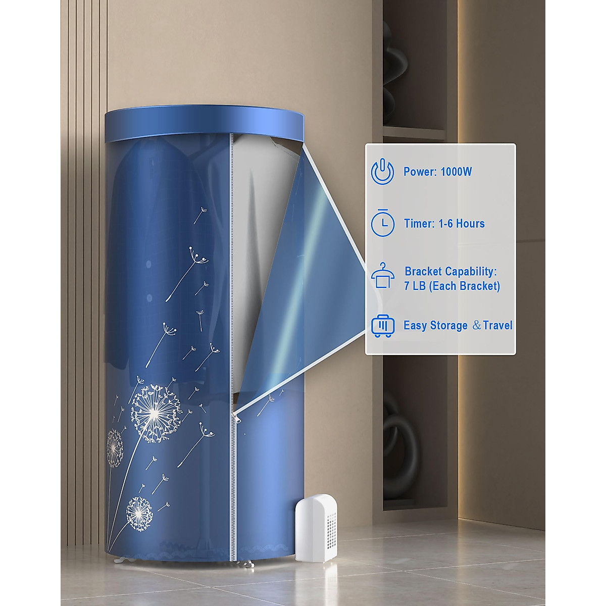 KASYDoFF Portable Dryer, 46Inch -1000W Portable Clothes Dryer, Travel Portable Dryer Machine for Clothes with Timer, Mini Dryer for Apartment, Home, RVs