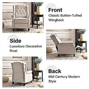 Bonzy Home Push Back Recliner Chair, Mid Century Modern Wingback Chair, Comfy Armchair Fabric Living Room Chairs with Rivet Decoration, Button-Tufted Back, Solid Wood Legs, Beige