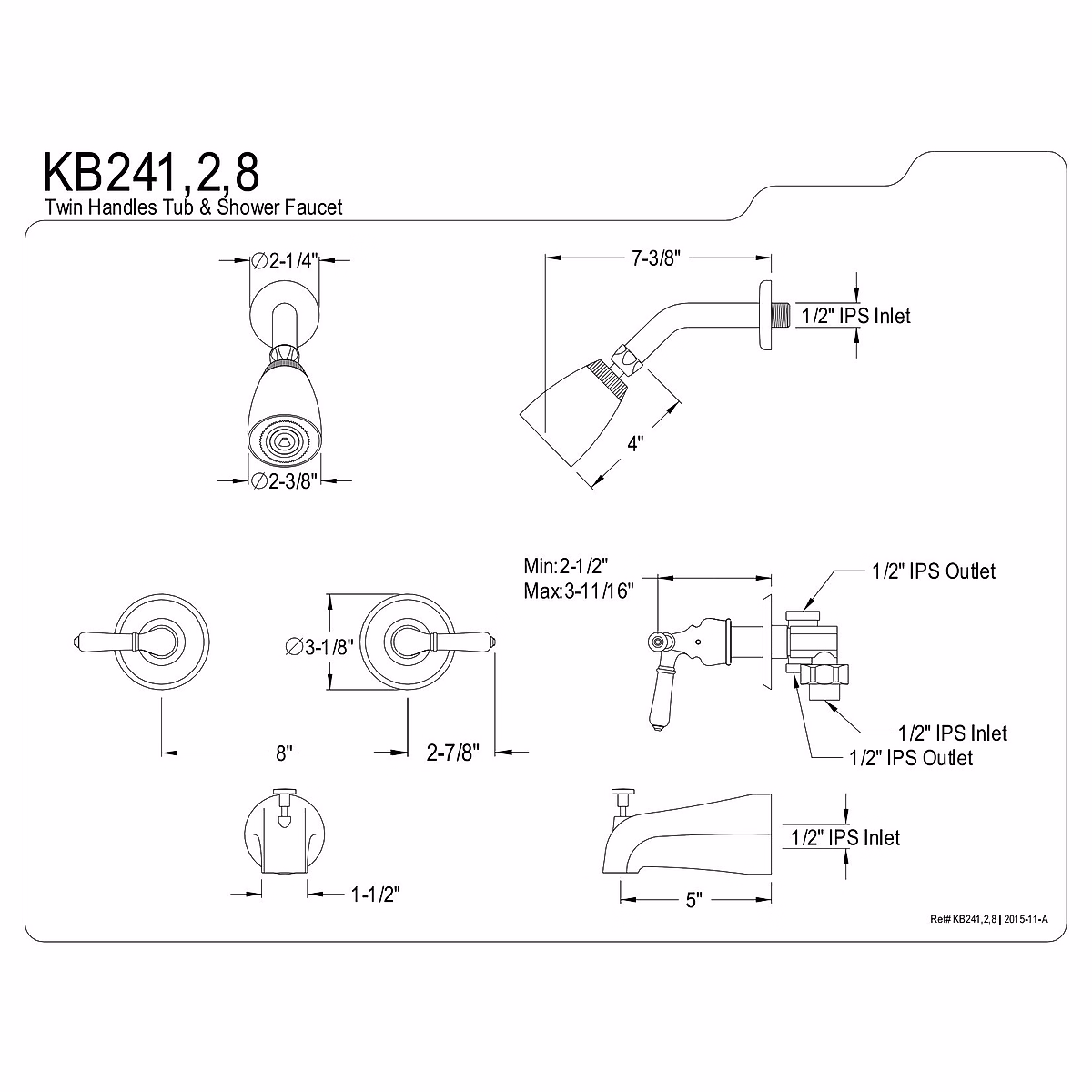 Kingston Brass KB242 Magellan Tub and Shower Faucet 2-Magellan Handle, Polished Brass