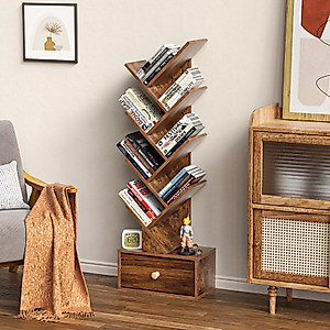 SHEEPAM 8 Tier Tree Bookshelf with Drawer, Free Standing Wood Bookcase for Narrow Space, Storage Organizer Bookshelves for Books, Book Case for Home Office, Living Room, Bedroom, Rustic Brown