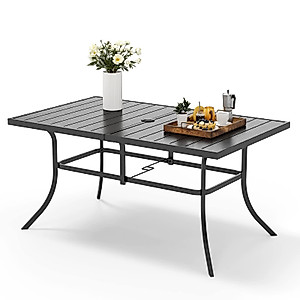 MFSTUDIOO 6-Person Outdoor Metal Steel Slat Dining Rectangle Table with Adjustable Umbrella Hole, Black