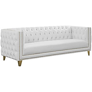 Meridian Furniture 651White-S Michelle Collection Modern | Contemporary Sofa with Deep Button Tufting, Nailhead Trim and Sturdy Gold Iron Legs, 90" W x 34" D x 30" H, White