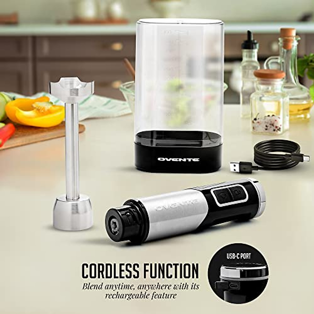 OVENTE Electric Cordless Immersion Hand Blender 200 Watt 8-Mixing Speed with Stainless Steel Blades, Heavy-Duty Portable & Rechargeable Perfect for Smoothies, Puree Baby Food & Soup, Black HR981B