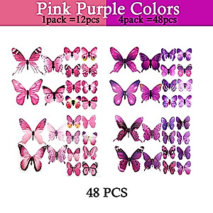 Ewong Butterfly Wall Decals 48PCS 3D Butterflies Decor Removable Mural Sticker Wall Art Home Decoration Kid Girl Bedroom Bathroom Baby Room Nursery Classroom Office Party (Pink Purple)