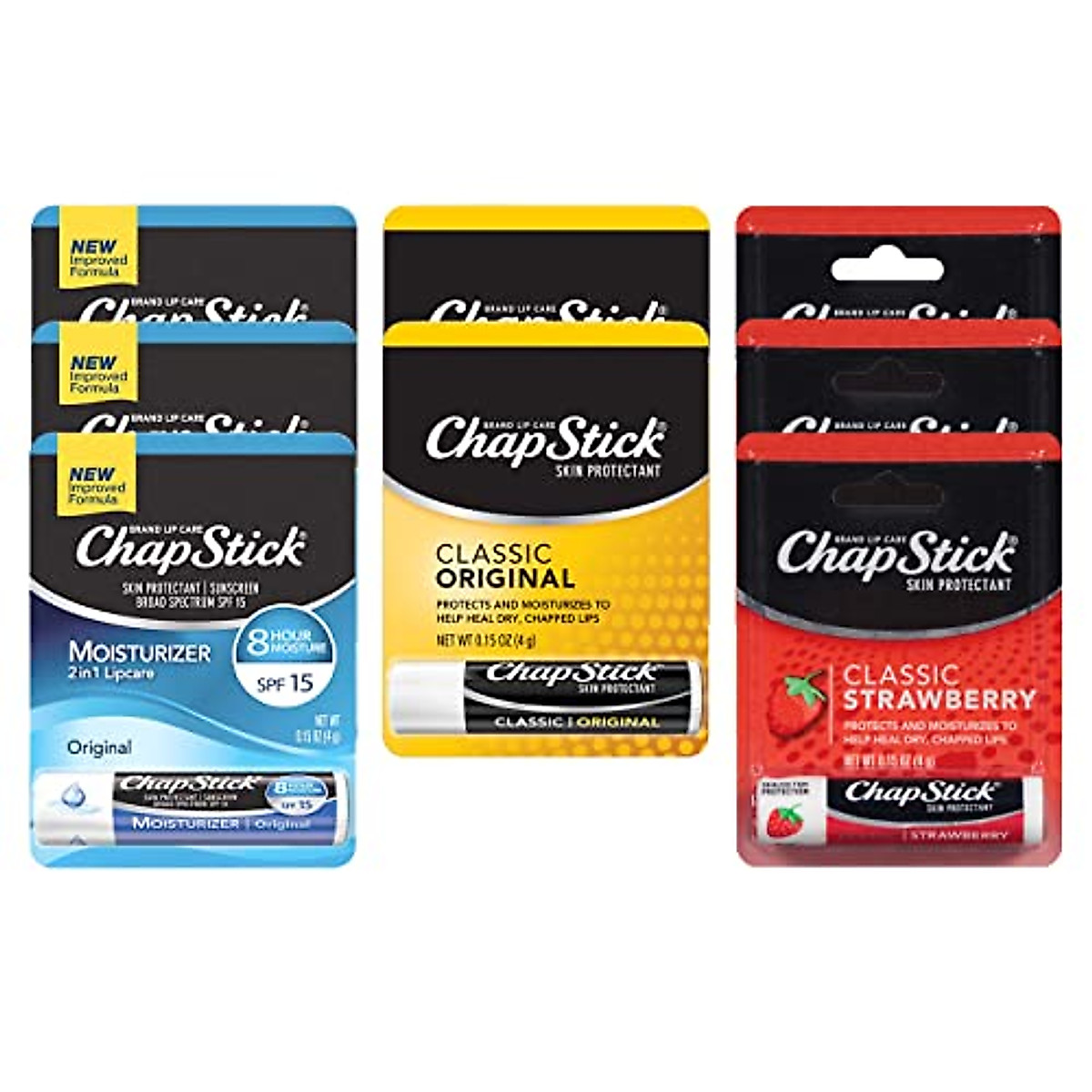 Chapstick Variety Pack Classic Original, SPF 15, & Strawberry Lip Balm Sticks Bulk, 0.15 Oz (8 Count) - Chap Stick Skin Protectant Moisturizer Tubes, Stocking Stuffers - By Dr. Plenty