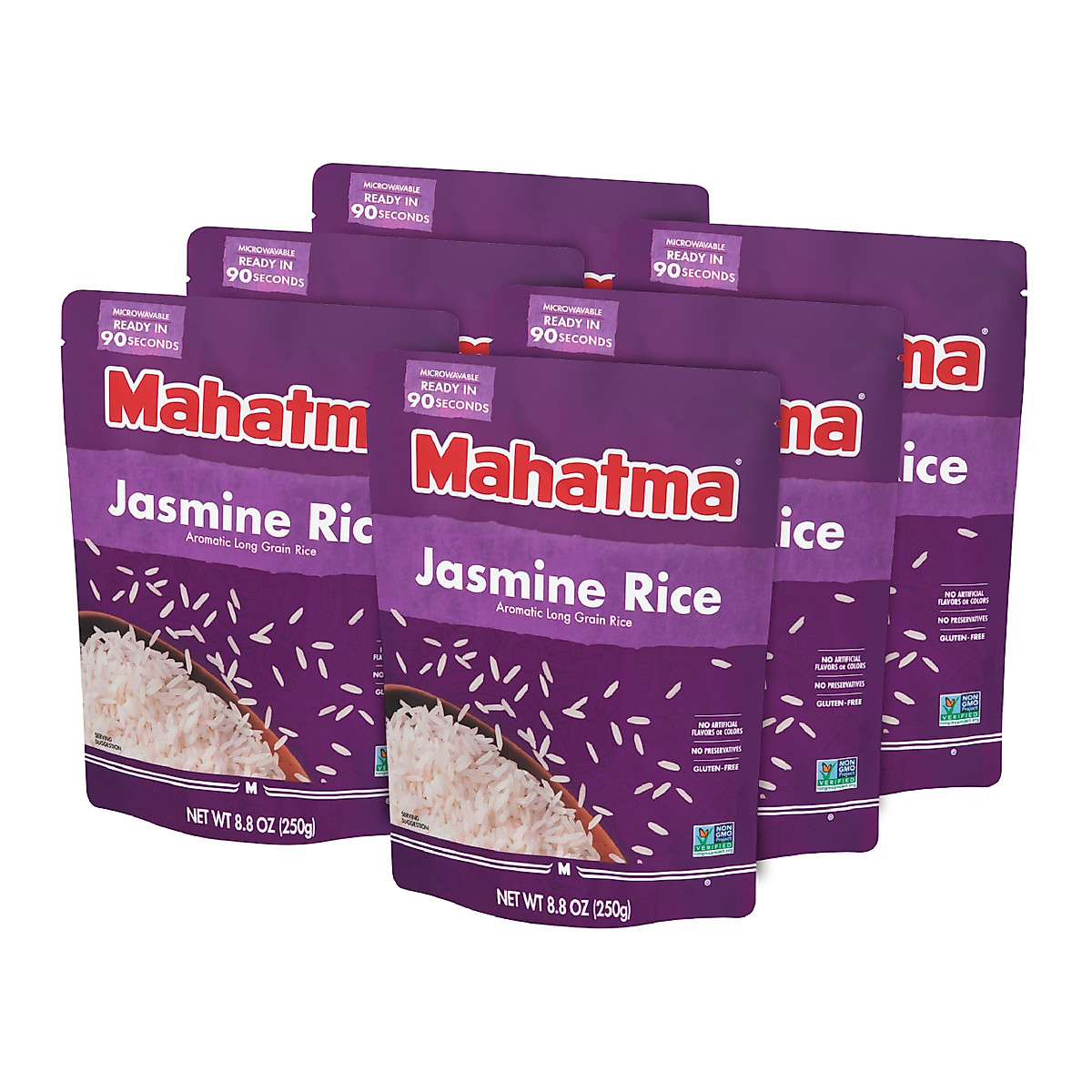 Mahatma Ready to Heat Jasmine Rice, Precooked Rice, Microwaveable in 90 Seconds, Six 8.8-Ounce Bags