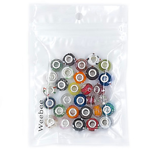 Weebee Murano Glass Beads Large Hole Beads European Lampwork Spacer Beads Silver Plated Cores Bracelet Charms for Jewelry Making 50 Pcs Mix