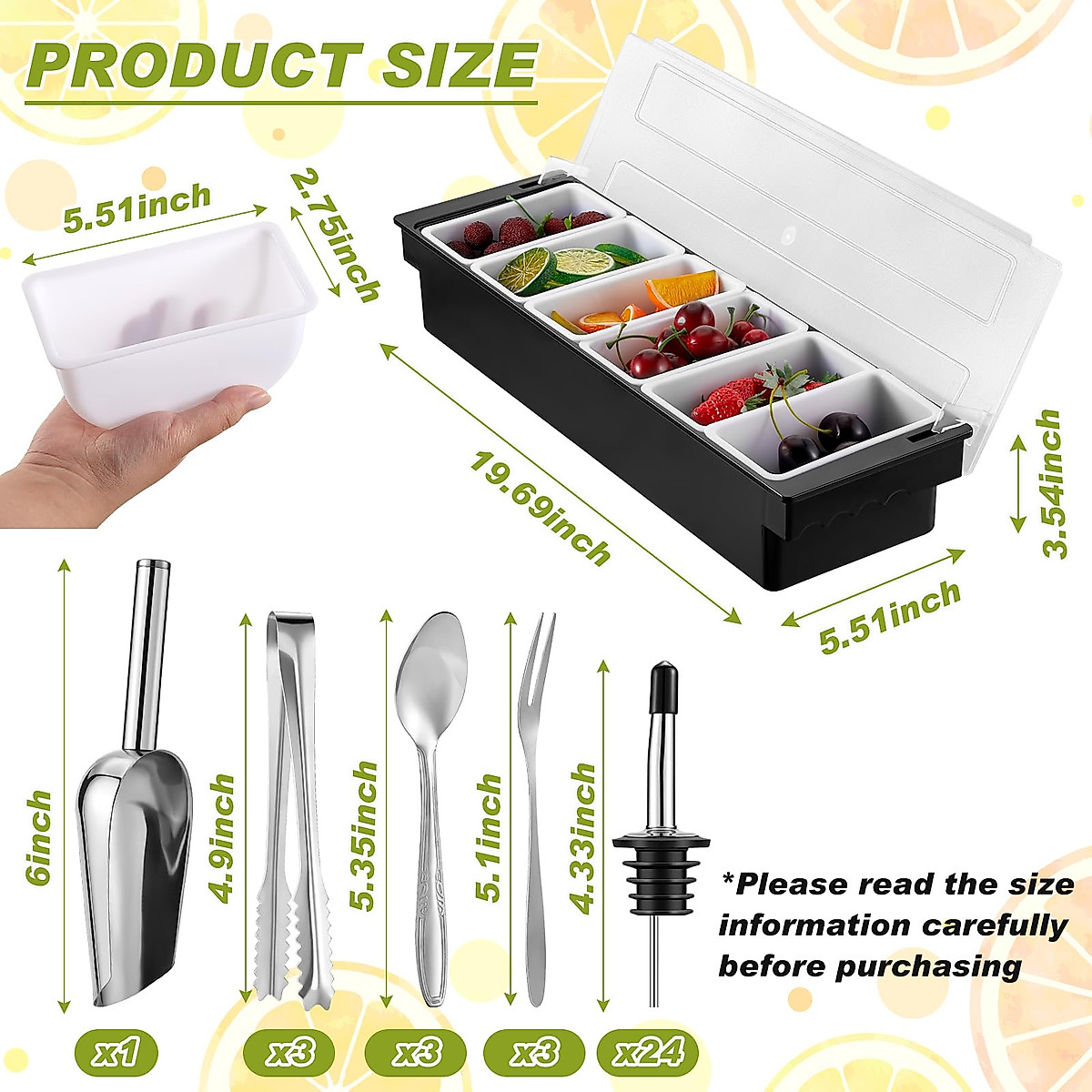 Nuanchu Ice Cooled Condiment Serving Container Bar Caddy Stainless Steel Scoop for Ice 3 Pcs Serving Tongs 3 Pcs Appetizer Forks 3 Pcs Spoons 24 Pcs Bottle Pourers Tapered Spout (6 Compartments)