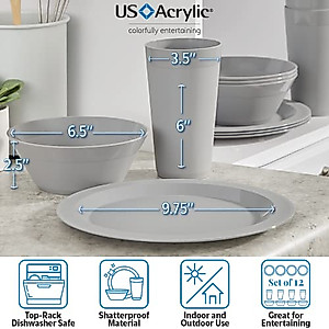 US Acrylic Newport Plastic Plate, Bowl and Tumbler Dinnerware Set for 4 in Grey Stone | 12-Piece Drinking and Dining Set | Reusable, BPA-free, Made in the USA, Top-rack Dishwasher Safe