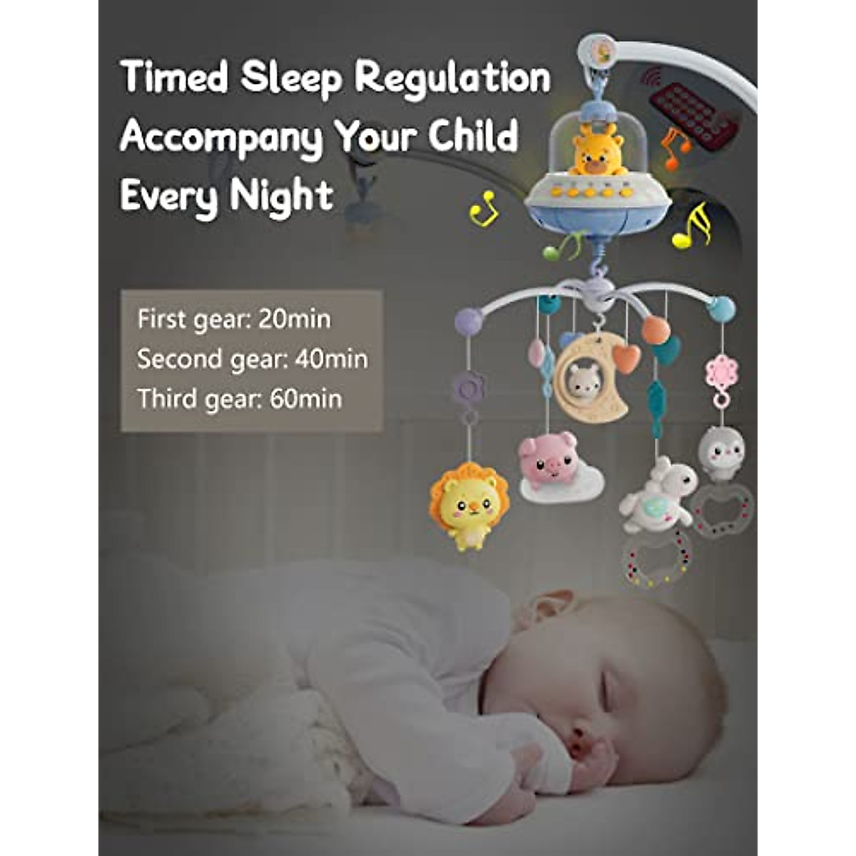 BSROLUNA Baby Crib Mobile with Music and Lights, Baby Mobile for Crib with Remote Control, Hanging Rotating Animals Rattles, 16 Songs and Timing Function, Cartoon Baby Crib Toys for Boys (Baby Blue)