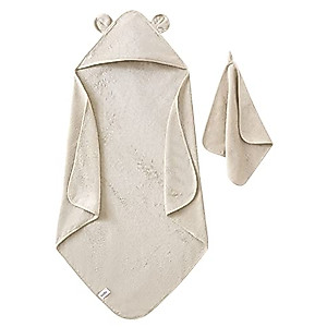 SUZEL Hooded Baby Bath Towels and Washcloths Set Buttery Soft Bamboo Viscose Baby Towels for Newborns, Infants 30 x 30 Inch, Beige