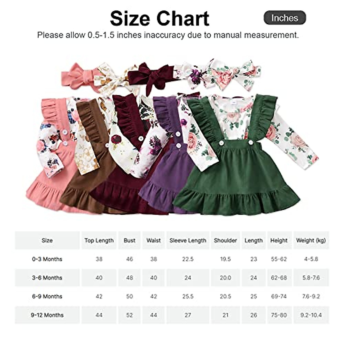 PATPAT Newborn Infant Baby Girl Clothes Outfit Long Sleeve Romper Top Overall Dress Suspender Skirt Set for 0-3 Months