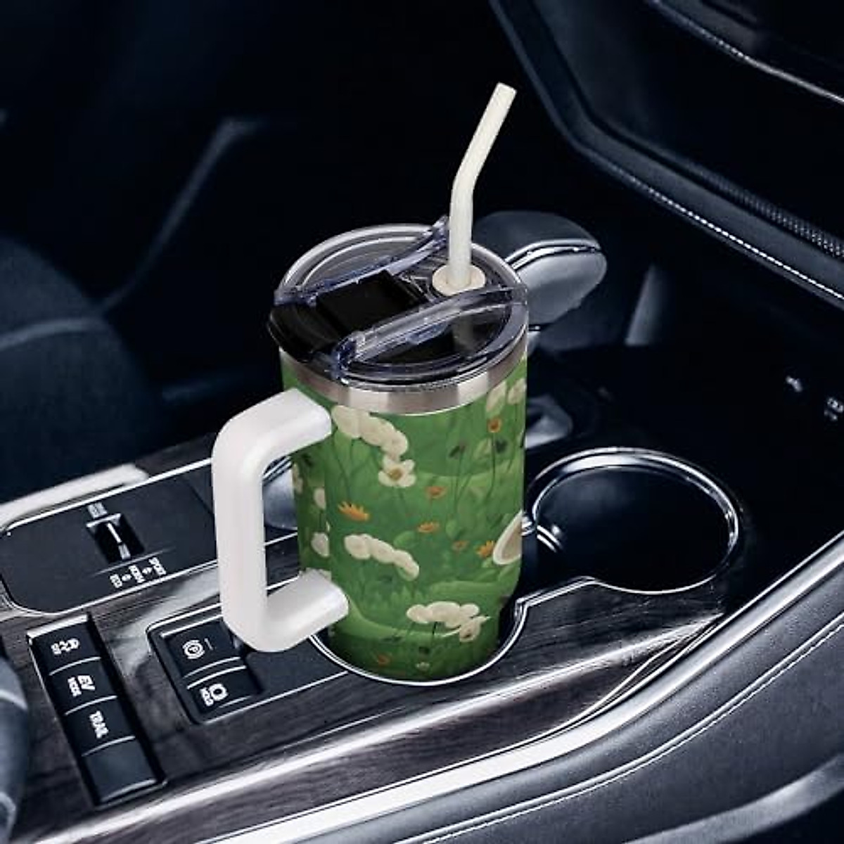 LLUTSNTH 40 Oz Vacuum Tumbler with White Handle Leakproof Insulated Tumbler Cute Cartoon Sheep Stainless Steel Travel Mug with Lid And Straw Coffee Cup Cute Water Bottles Cup Holder Friendly