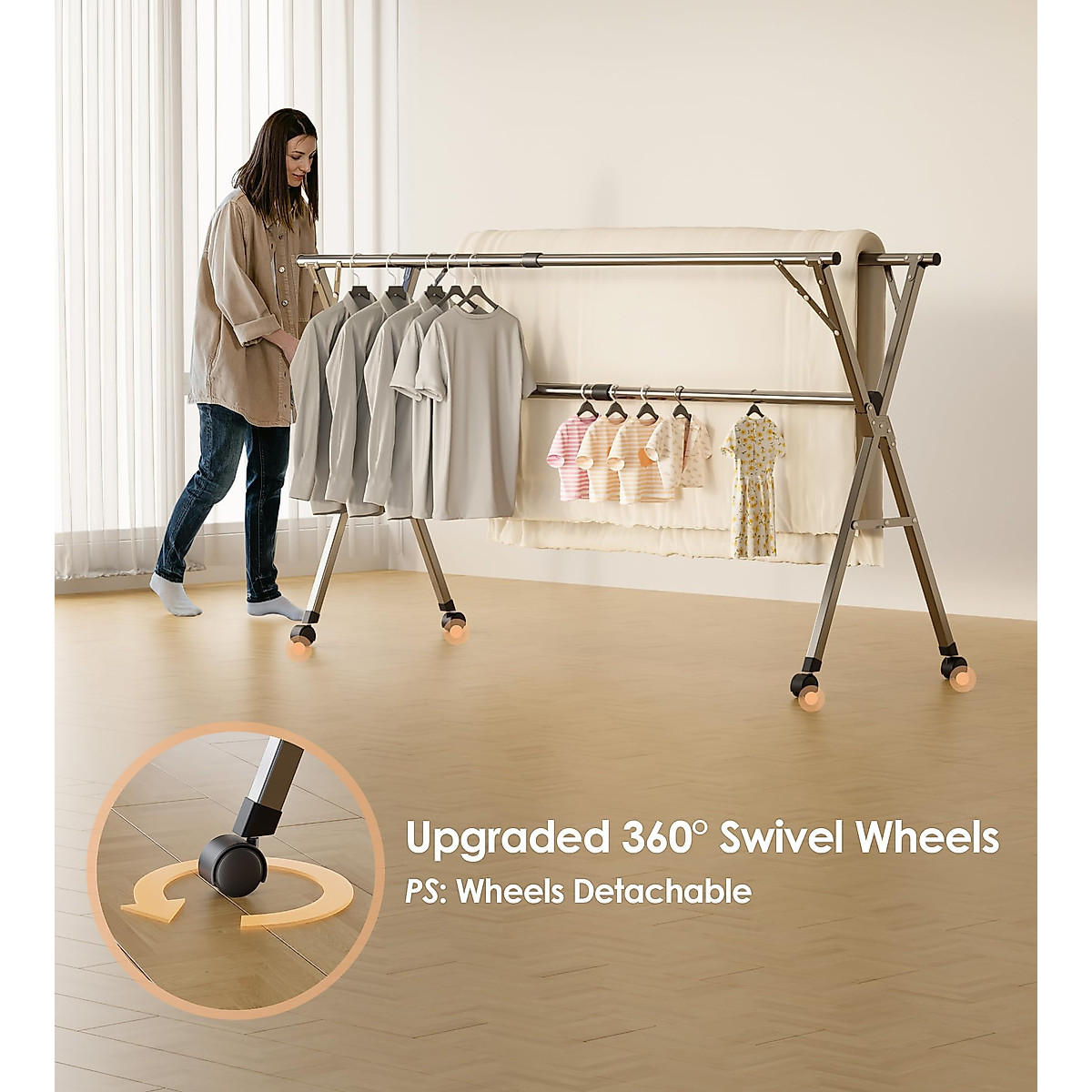 KitchLife Upgraded Clothes Drying Rack with Wheels, No Assembly Required, 63 Inches, Super Heavy Duty 201 Stainless Steel, Adjustable Foldable Laundry Drying Rack