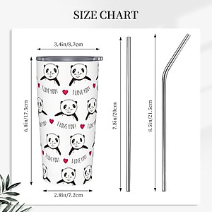 20oz Tumbler Love You Pandas Double Wall Vacuum Insulated Coffee Mug with Lid and Metal Straw Brush Reusable Stainless Steel Water Bottle Travel Cup Gifts for Car Ice Drinks Hot Beverage