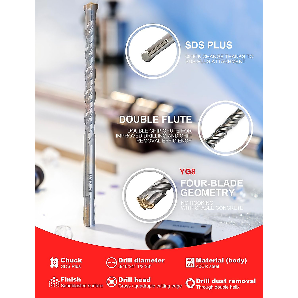 ZKH 10 Pcs SDS Plus Bits Set, (3/16'',1/4'',5/16'',3/8",1/2"), Carbide Tipped（YG8, Rotary Hammer Drill bits for Concrete, Cement, Stone, Brick, Ceramic Pots & More