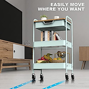Aratan Utility Rolling Cart with Table Top, 3 Tier Metal Storage Cart with Drawer, Kitchen Organizer Cart with Handle and Locking Wheels for Bathroom Office Balcony Living Room (Light Green)