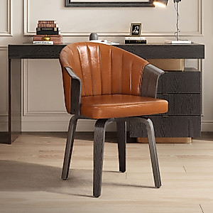 Art Leon Desk Chair No Wheels, Mid Century Modern Swivel Accent Chair, Faux Leather Upholstered Home Office Desk Chair with Wood Legs, Brown/Black Oak