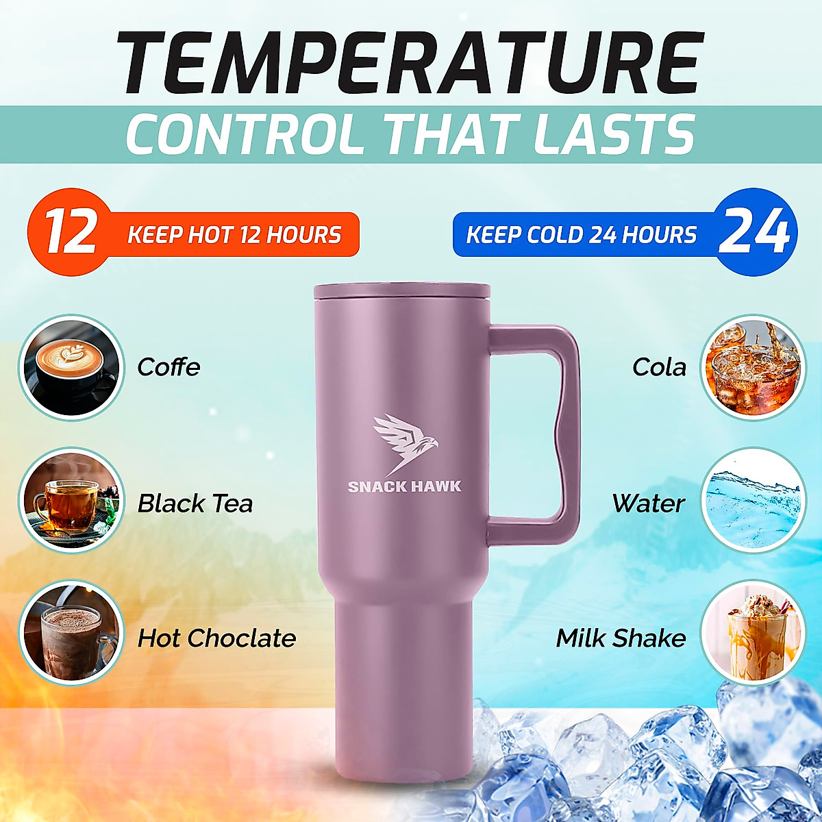 Snack hawk 40oz Insulated Stainless Steel Travel Coffee Tumbler with Handle and Straw | 100% Leak-Proof Mug | Car Cupholder Friendly | Perfect Water Cup Gift for Everyone