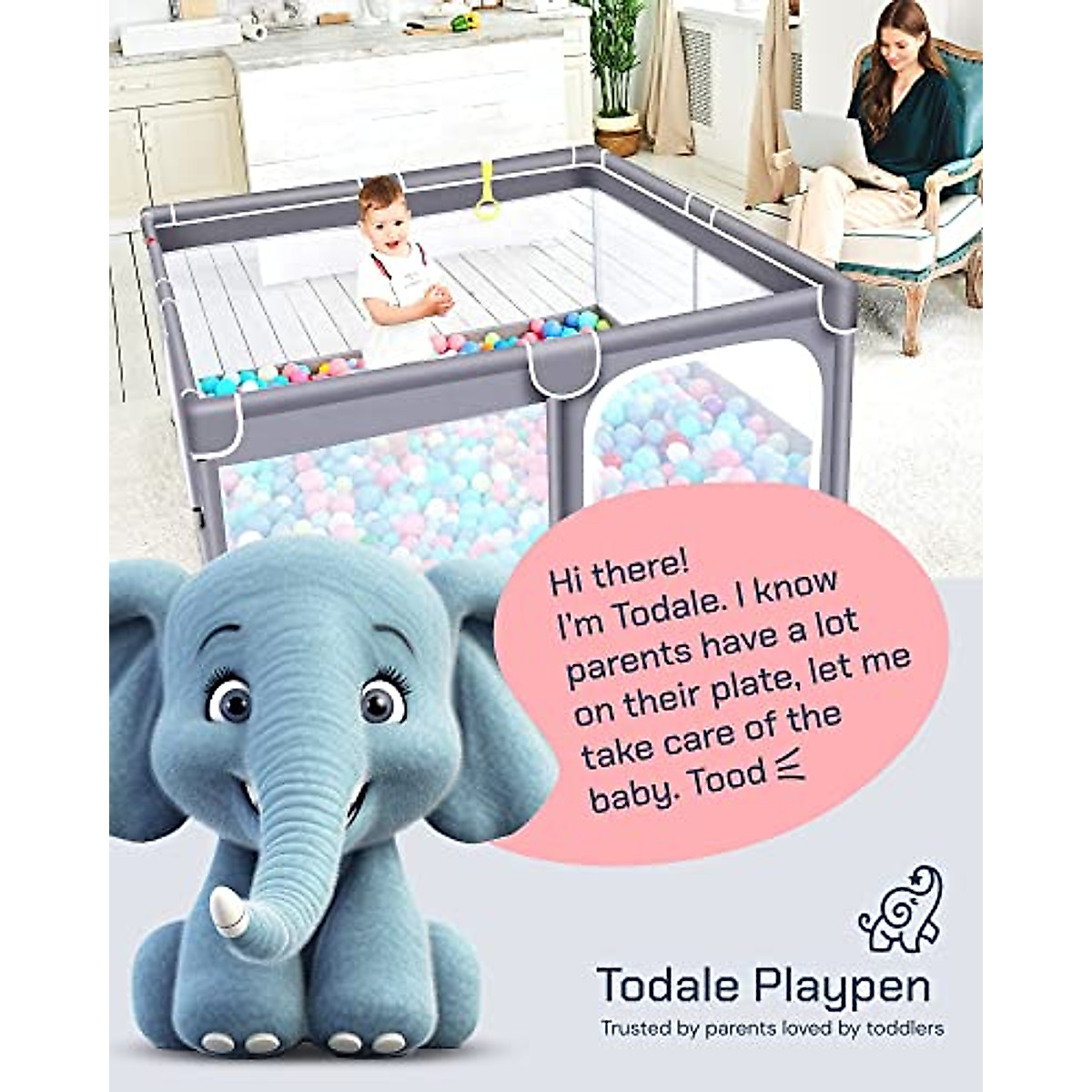 TODALE Baby Playpen for Toddler, Large Baby Playard, Indoor & Outdoor Kids Activity Center with Anti-Slip Base, Sturdy Safety Play Yard with Soft Breathable Mesh, Playpen for Babies(Gray,50”×50”)