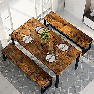 LinkRomat Dining Room Table Set with 2 Benches, Farmhouse Dining Table Set for 4-6, Wood Breakfast Table Set Dinner Table Set Kitchen Table and Chairs for Breakfast Nook Small Spaces, Brown