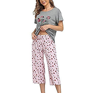 ENJOYNIGHT Womens Pajama Sets Cotton Pj Set Short Sleeve Top With Capri Pants Sleepwear 2 Piece Lounge Set(Large,Grey-Ladybug)