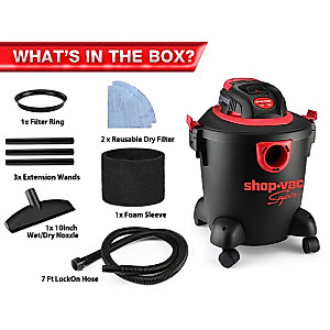 Shop-Vac 2035089 5 Gallon Wet/Dry Vacuum, 2.5 Peak HP, 1.25 Inch Diameter x 7 Foot Hose, 7 Ft Cord Length, Includes Extension Wands and Nozzle
