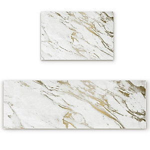 CHARMHOME Kitchen Floor Mats Kitchen Rugs 2 Piece White and Gold Marble Texture Soft Waterproof Oil Proof Non-Skid Rubber Back Washable Doormat 20"x 31" + 20"x 47"
