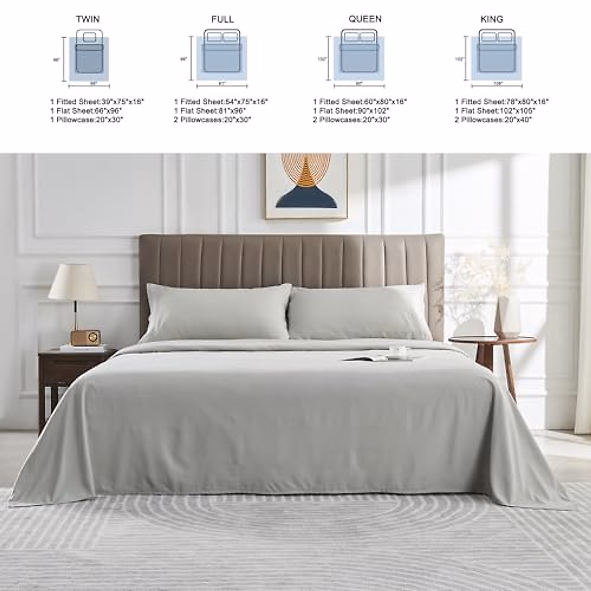 WODFAMY Microfiber Full Size Bed Sheet Set Extra Soft Deep Pockets Luxury Hotel Bed Sheets Breathable & Cooling Wrinkle Free 4 Piece Set Fulls Sheets Light Grey&Gold