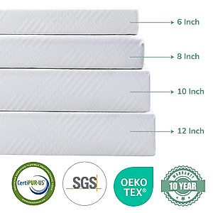 EGO White 10 inch Twin XL Memory Foam Mattress, Gel Green Tea Mattress Bed in a Box, CertiPUR-US Certified, 38"×80", Medium Firm