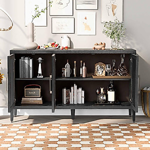 VKKILPEE 58" Black Accent Cabinet with Three Tempered Glass Doors, Wood Buffet Sideboard Floor Cabinet Sideboard with Adjustable Shelf, Multifunctional Storage Cabinet for Collections, Display