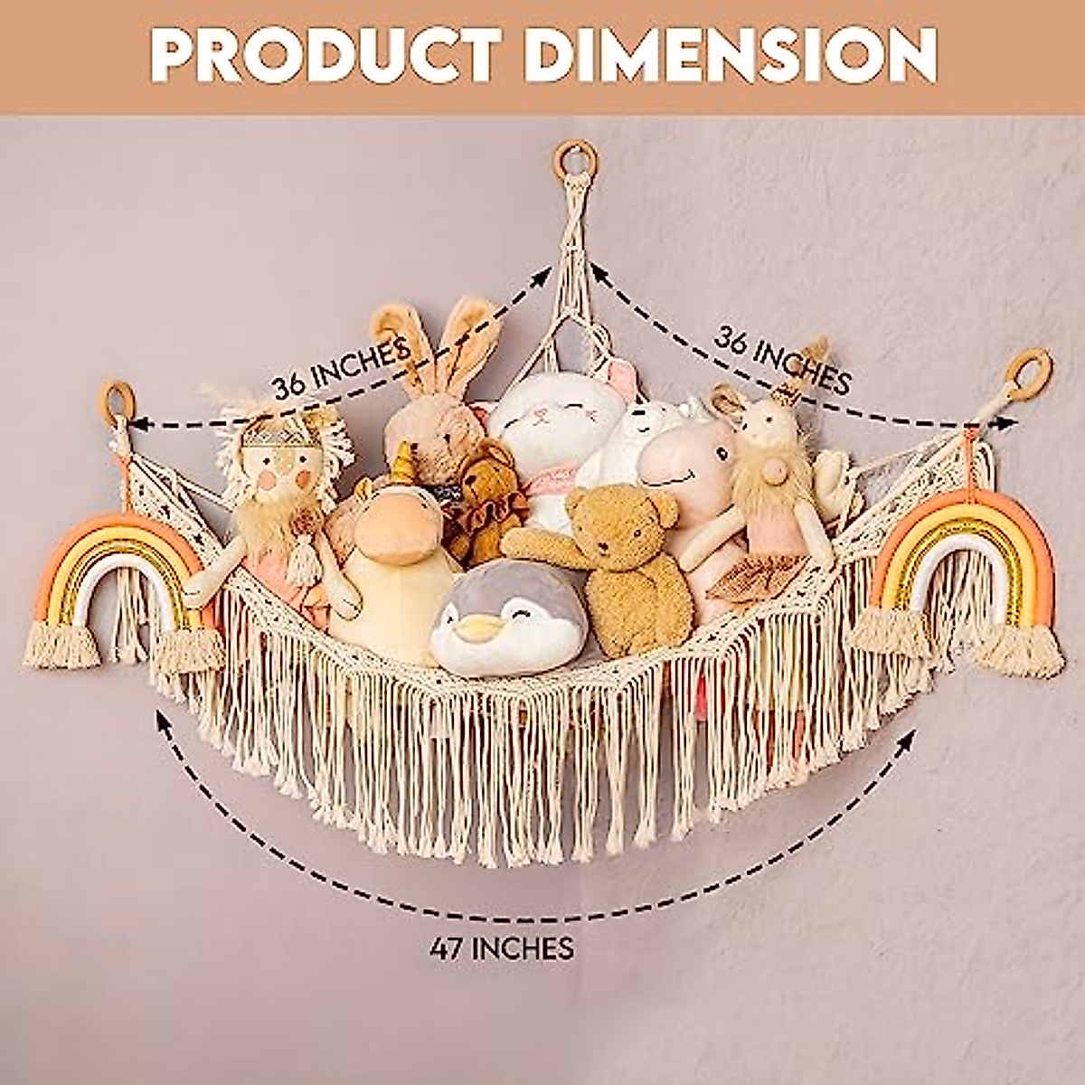 Luna Village Stuffed Animal Hammock, Stuffed Animal Organizer, Plush Toys Net Holder with 2 Macrame rainbows Macrame Toy Hammock, Stuffed Animal Net or Hammock, Stuffed animal net