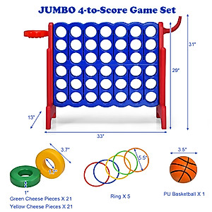Costzon Giant 4-in-A-Row, Jumbo 4-to-Score Giant Game w/Basketball Hoop, Ring Toss, Quick-Release Slider, 42 Jumbo Rings, Indoor Outdoor Family Connect Game for Kids & Adults, Backyard Games, Red