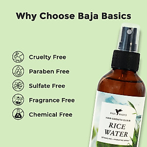 Rice Water For Hair Growth by Baja Basics, Thickness, Strength, Shine - Leave-in Conditioner for Scalp, Dry Split End Moisturizer - Mist Spray for Curly, Straight, Thick, Thin Hair 4oz