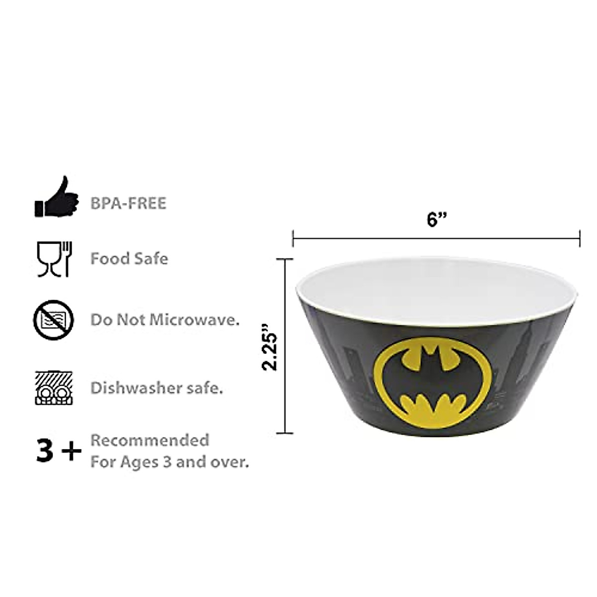 Zak Designs DC Comics Dinnerware 3 Piece Set Includes Plate, Bowl, and Water Bottle, Non-BPA, Made of Durable Material and Perfect for Fans (18/8 Stainless Steel, Batman)