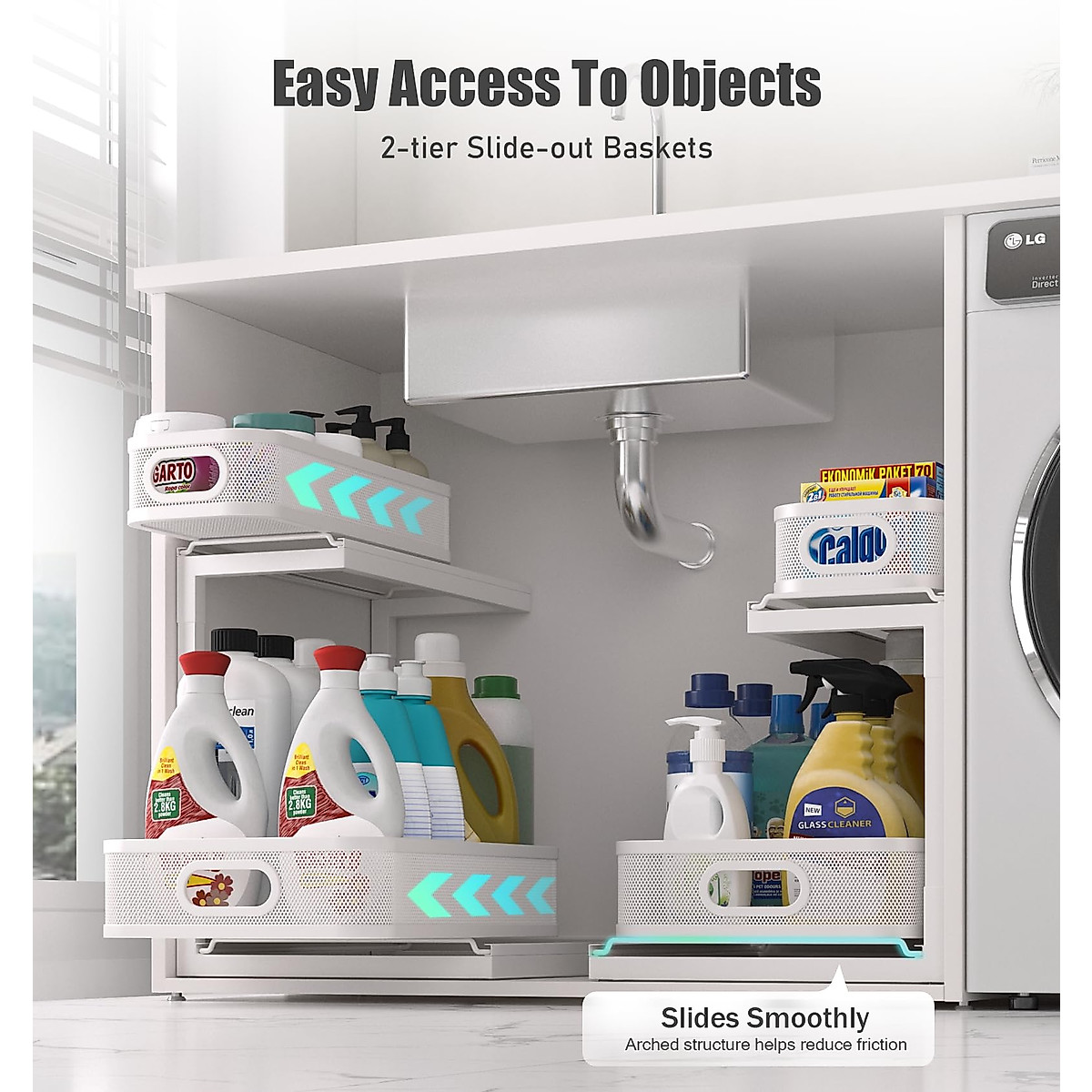 2-Pack Under Sink Storage Organizer with 2-Tier Slide Out Drawer, Sophisticated Mesh Pull Out Shelf for Kitchen & Bathroom, Fits Small Items, Upgraded Arched Track for Smooth Gliding,Patent Pending