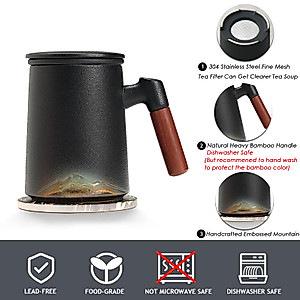 Ochcahser Tea Cup with Infuser and Lid, 15.2 Ounces Artistic Mountain Embossed Ceramic Tea Mug with Absorbent Coaster for Loose Leaf Tea, Ergonomic Bamboo Handle Tea Steeping Mug for Tea Lovers