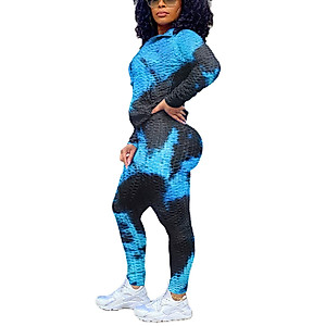 KANSOON Women Jogging Suit Set Textured 2 Piece Outfit Long Sleeve Zipper Jacket + Bodycon Pants Track Suits Sets Blue Black L