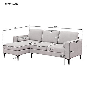 Merax 86" Convertible, Modern Chenille Fabric, L-Shaped Couch 3-Seat Sofa Sectional with Reversible Chaise (2 Pillows), Combo, Beige