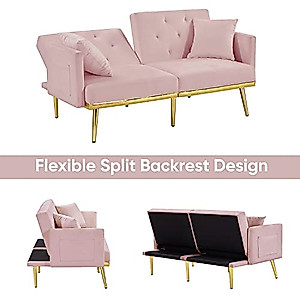 Antetek Convertible Futon Sofa Bed, 59-inch Modern Velvet Sleeper Sofa Small Loveseat with Two Pillows, 3 Adjustable Positions and 6 Golden Metal Legs Furniture for Living Room and Bedroom, Pink