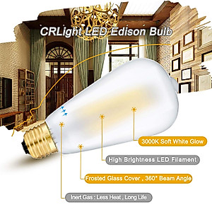 CRLight 8W Dimmable LED Edison Bulb 3000K Soft White, 70W Equivalent 700 Lumens, E26 Medium Base Vintage Style ST64 Frosted Glass Lengthened Filament LED Light Bulbs, Smooth Dimming Version, 6 Pack