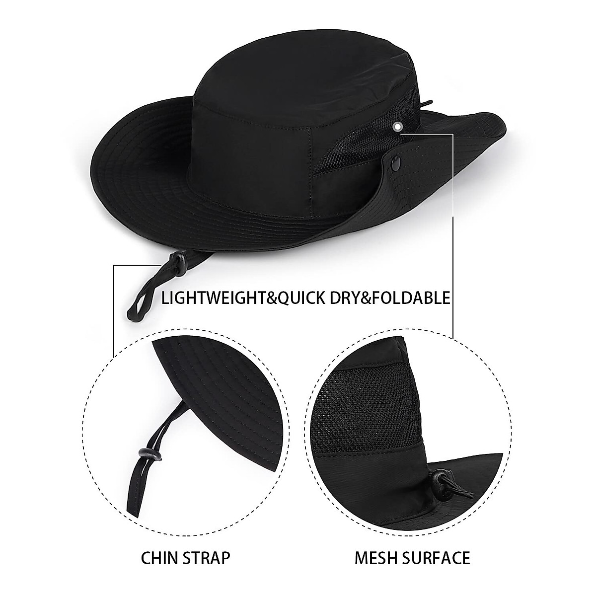 Zylioo 2XL Oversized UPF50+ Summer Boonie Hats,Adjustable Fishing Sun Hat for Big Heads,Large Breathable Cooling Hat Black