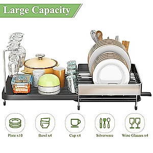 Dish Drying Rack - Expandable Dish Rack - Large Stainless Steel Dish Dryer Racks for Kitchen Counter with Wine Glass Holder, Cutlery Holder, Black