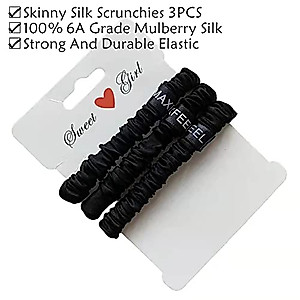 MAXFEEL 100% Pure Muberry Silk Hair Scrunchie Small Silk Scrunchy Skinny Hair Ties scrunchie holder for Breakage Prevention Black 3 Pack