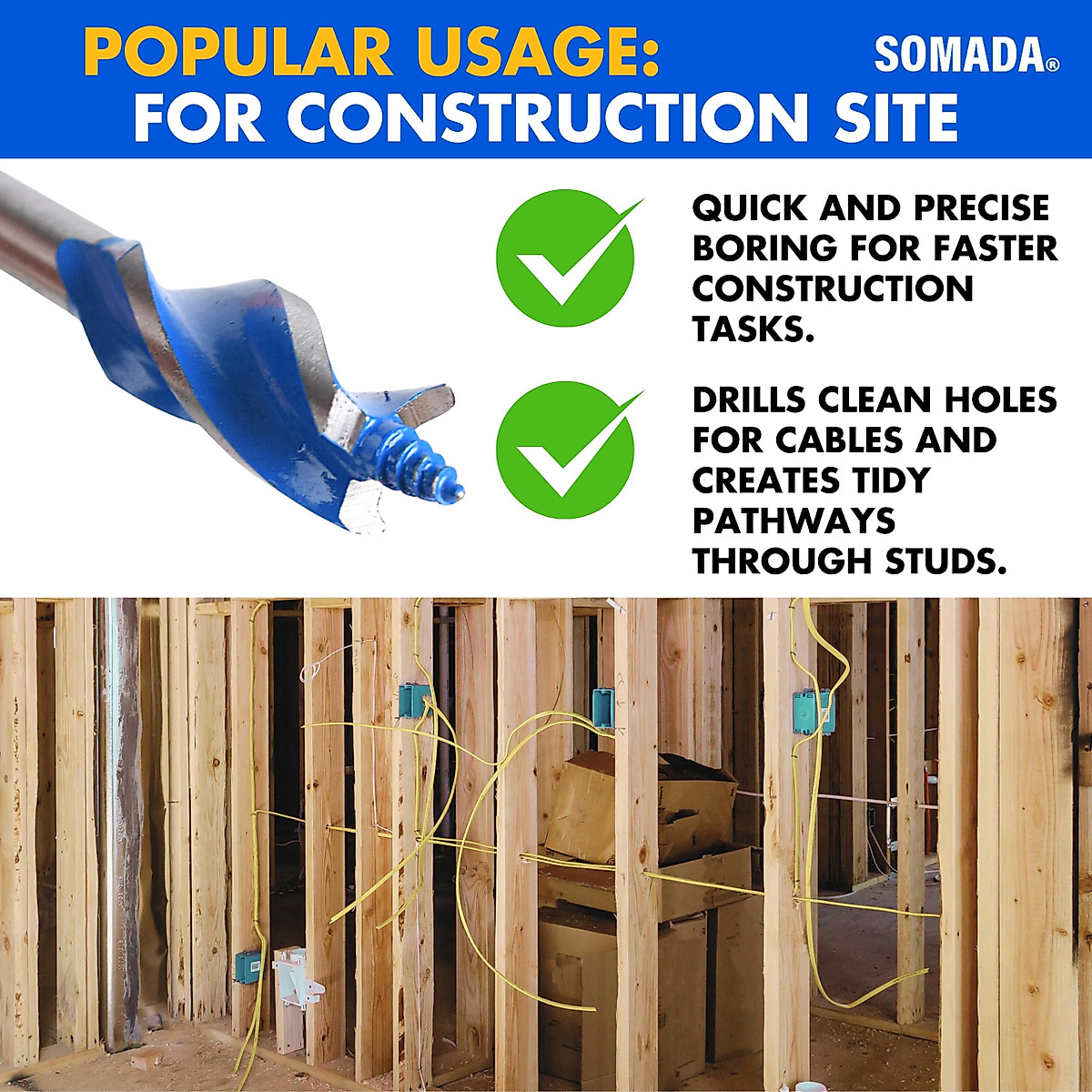 SOMADA Auger Drill Bit Set for Wood, 5-Piece, 1/2", 5/8", 3/4", 7/8" and 1" Inch Size, 4-Inch Long with Storage Case, Impact Wood Auger Set with Quick Change