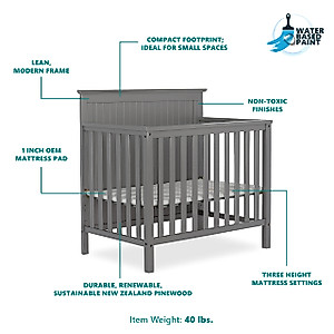 Dream On Me Ava 4-in-1 Convertible Mini Crib in Steel Grey, Greenguard Gold Certified, Non-Toxic Finish, Comes with 1" Mattress Pad, with 3 Mattress Height Settings